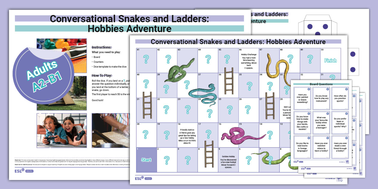 ESL Conversational Snakes and Ladders: Hobbies Adventure [Adults, A2-B1]
