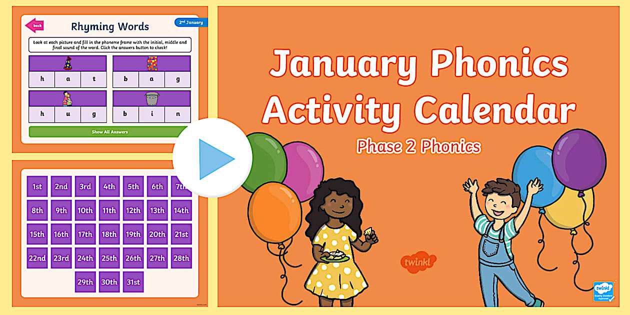 Editable Phase 2 January Phonics Activity Calendar PowerPoint