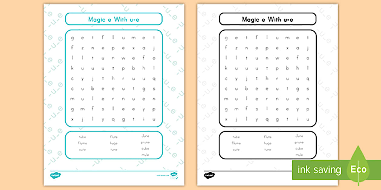Magic e With u-e Words Word Search for 1st-2nd Grade