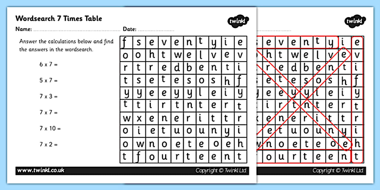Multiplication 7 Times Tables Wordsearch Worksheet - Twinkl