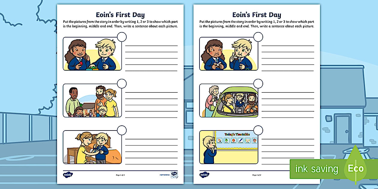 Exploring My World Aistear - Eoin's First Day Picture Sequencing Worksheet