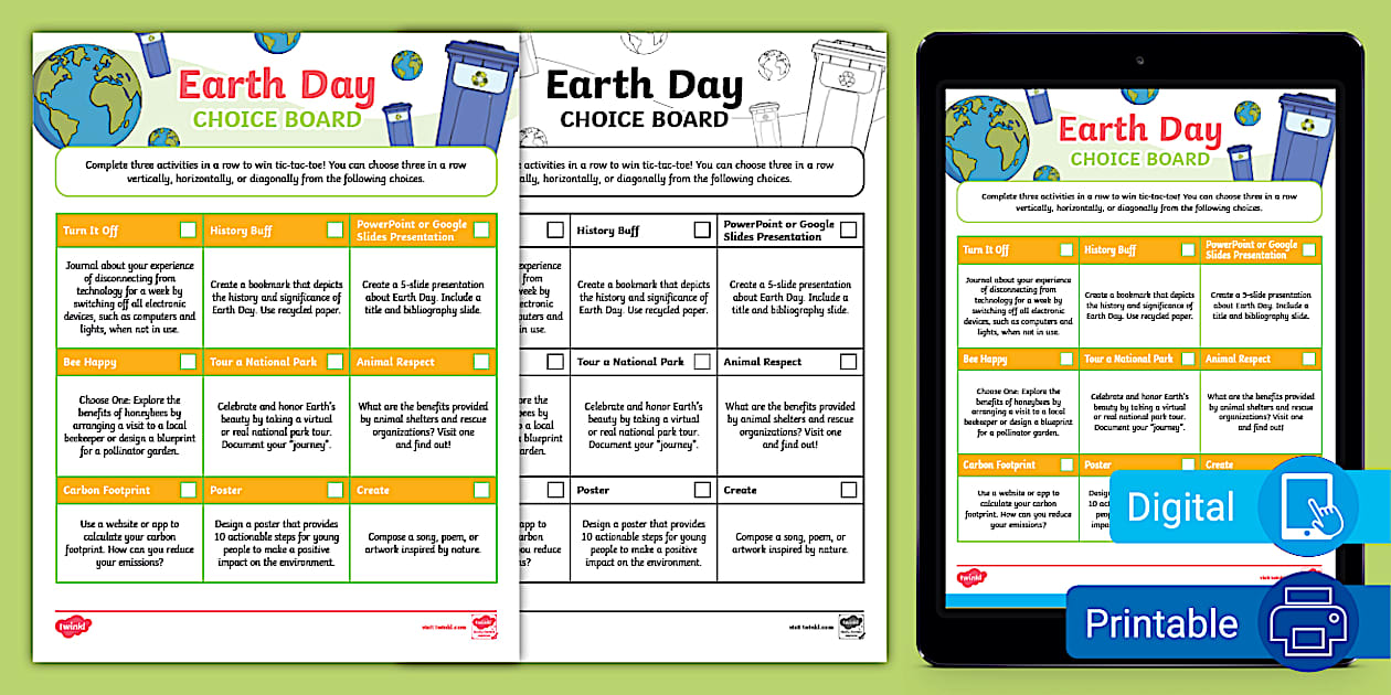 Earth Day Choice Board for 6th-8th Grade (teacher made)