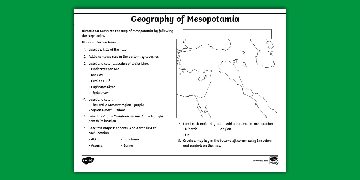 The Geography of Mesopotamia Map Worksheet for 6th-8th Grade