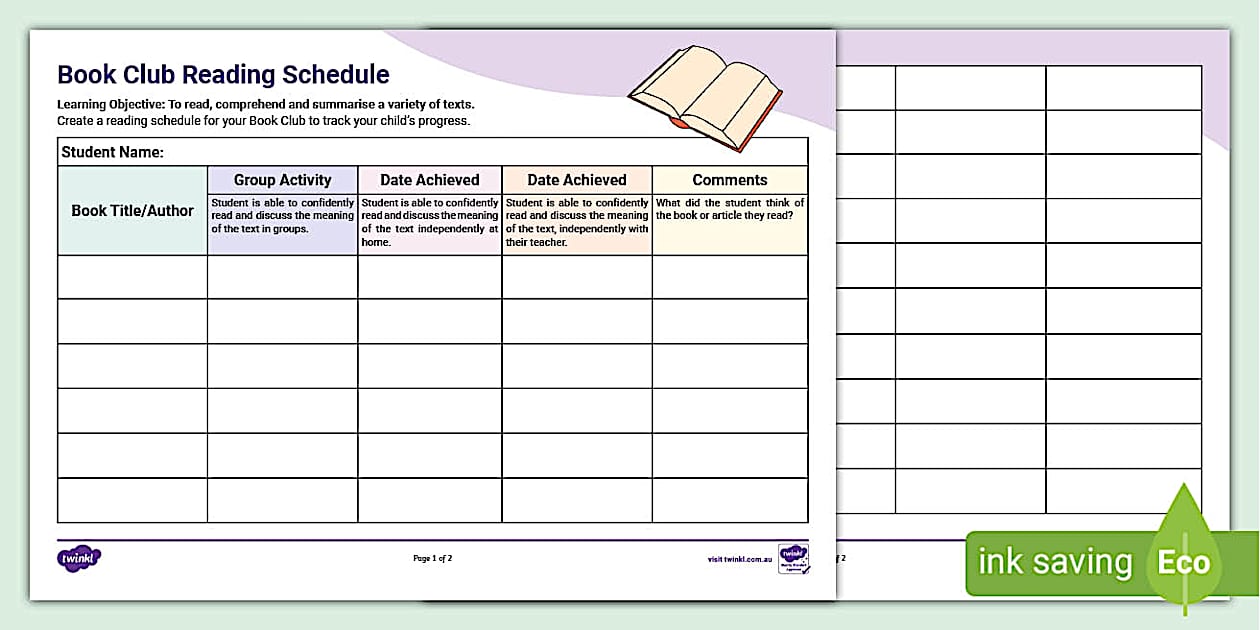 Book Club Reading Schedule - Twinkl Primary Resources