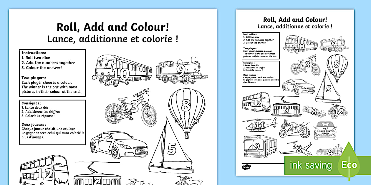 Transport Roll And Colour Worksheet English/French - Transport Roll And ...