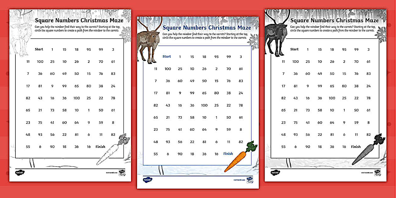 👉 Square Numbers Christmas Maze - Twinkl Christmas Maths