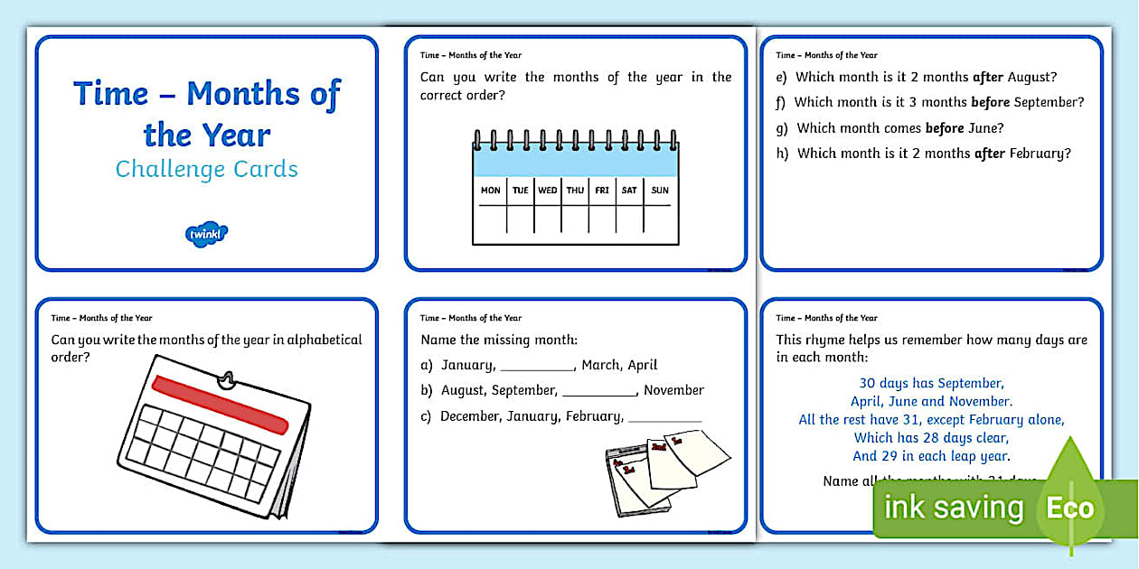 Editable CfE 1st level Time Months of the Year Challenge Cards