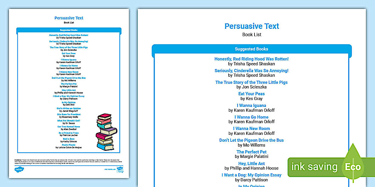 Persuasive Picture Story Books List - English (teacher made)