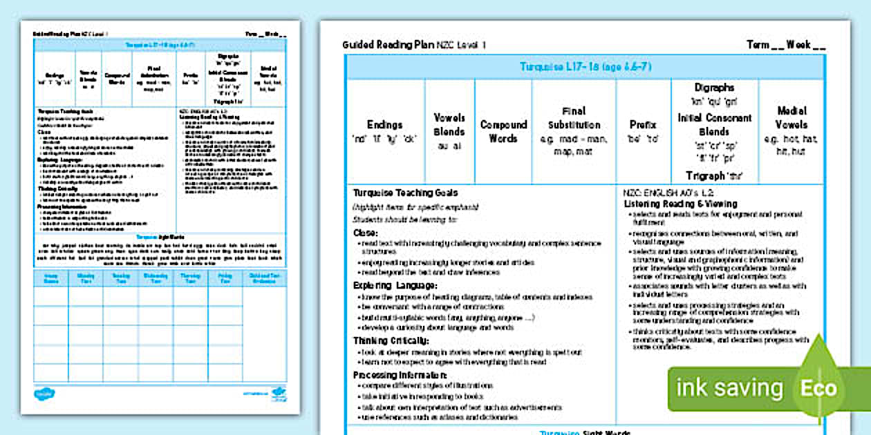 New Zealand Turquoise Guided Reading Weekly Plan