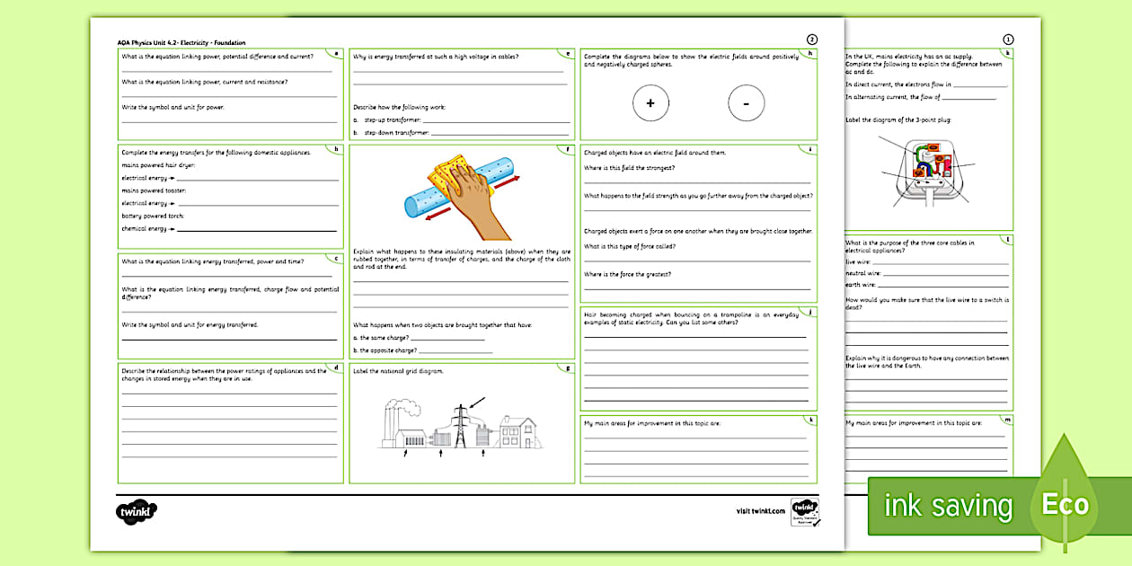 AQA Physics (Separate) Unit 2 Electricity Foundation Revision Activity Mat