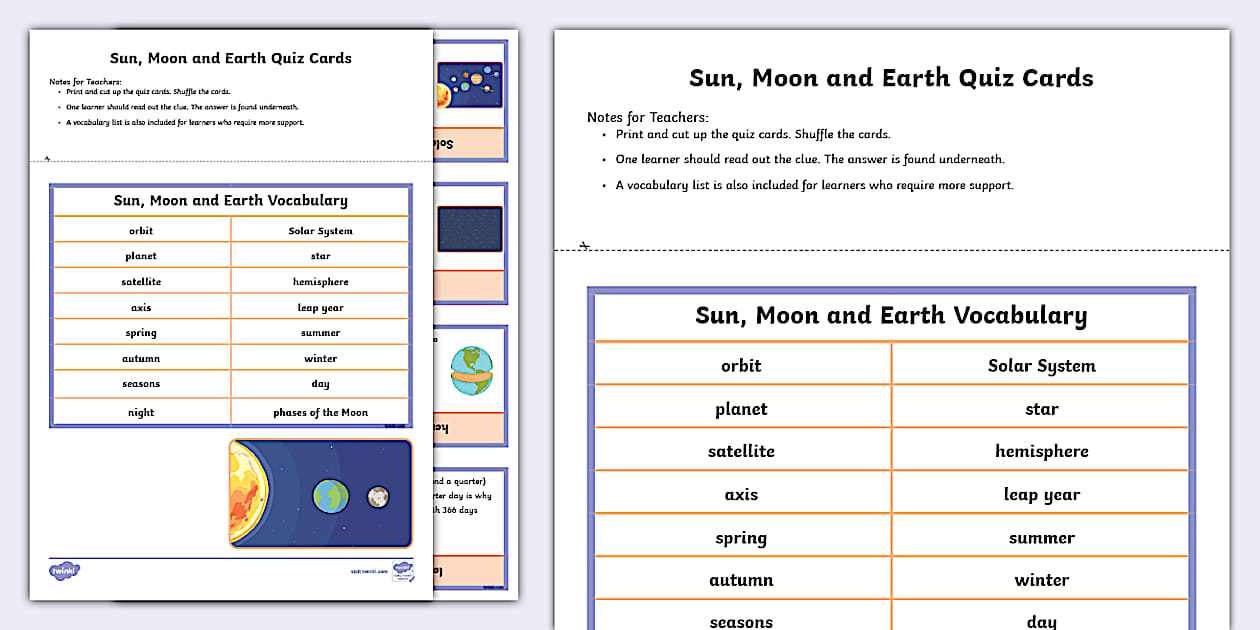 Sun, Moon and Earth Quiz Cards (teacher made) - Twinkl