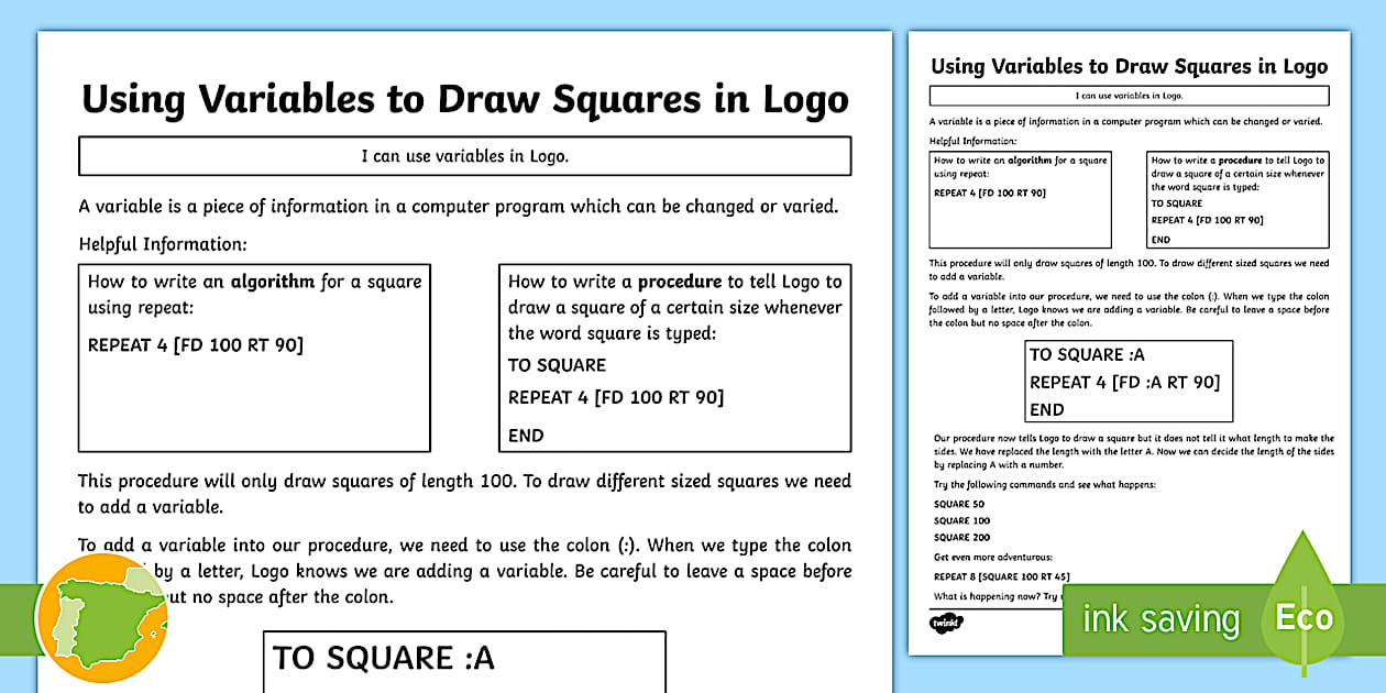 Using Variables to Draw Squares in Logo Worksheet English/Spanish
