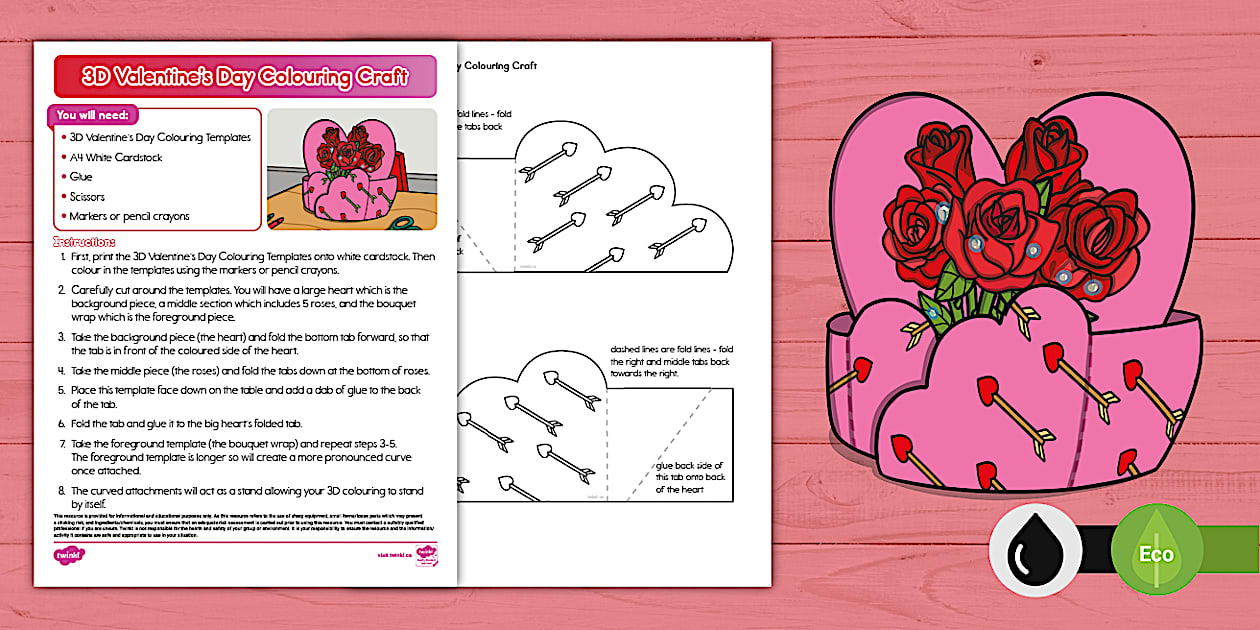 3D Valentine's Day Colouring Craft (teacher made) - Twinkl