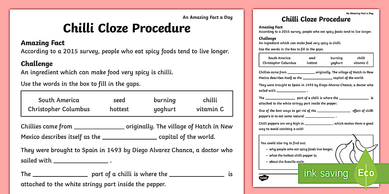 Chilli Cloze Procedure Worksheet / Worksheet - Twinkl