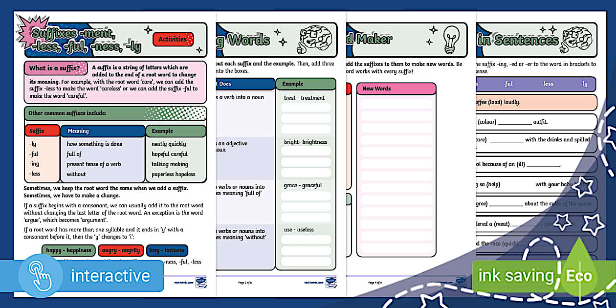 Year 2 Suffixes Activities (-ment, -less, -ful, -ness, -ly)