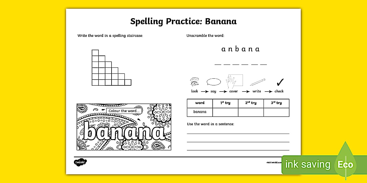 Banana Spelling Practice Worksheet (Teacher-Made) - Twinkl