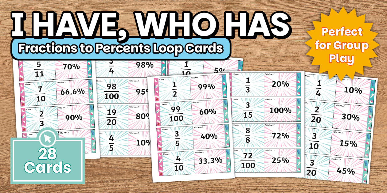 I Have, Who Has Fractions to Percents Loop Cards