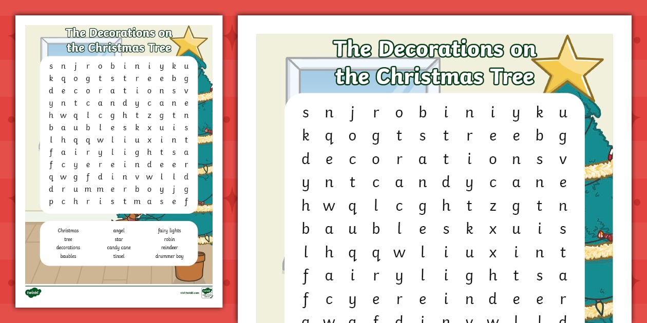 The Decorations on the Christmas Tree Word Search - Twinkl