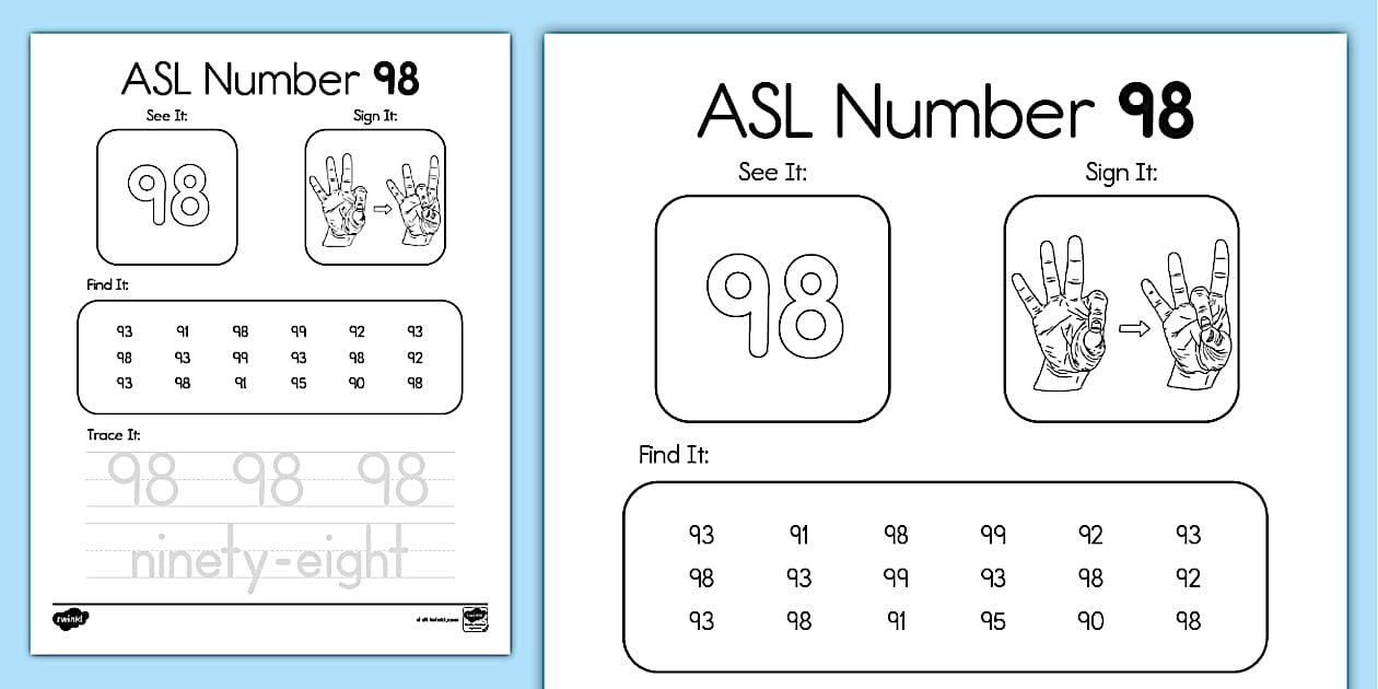 ASL Number 98 Worksheet (teacher made) - Twinkl