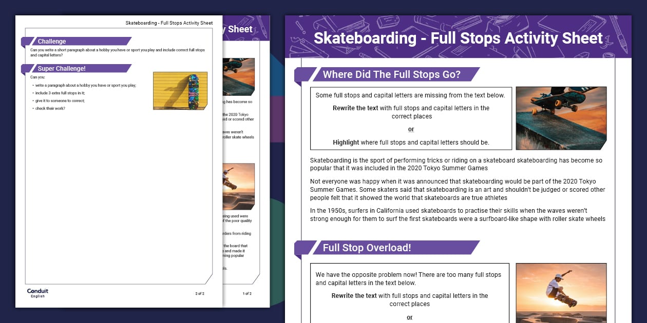 Reinforcing Full Stops: Skateboarding Themed Activity Sheet