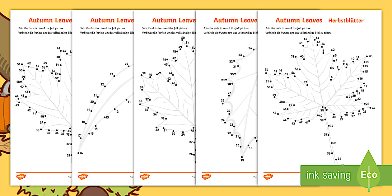Black and White Autumn Leaves Dot to Dot Worksheets English/German
