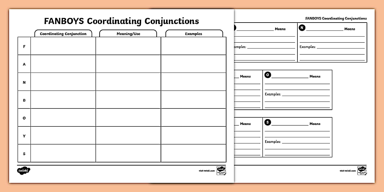 Grammar Notes Organizer for FANBOYS Conjunctions Worksheet