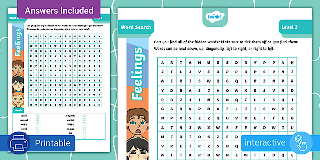 Feelings Word Search - Level 3 - Twinkl - Kids Puzzles