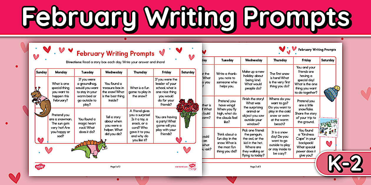 February Writing Prompt Calendar for K-2nd Grade