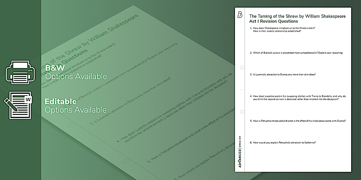 The Taming of the Shrew: Act I Revision Questions - Twinkl