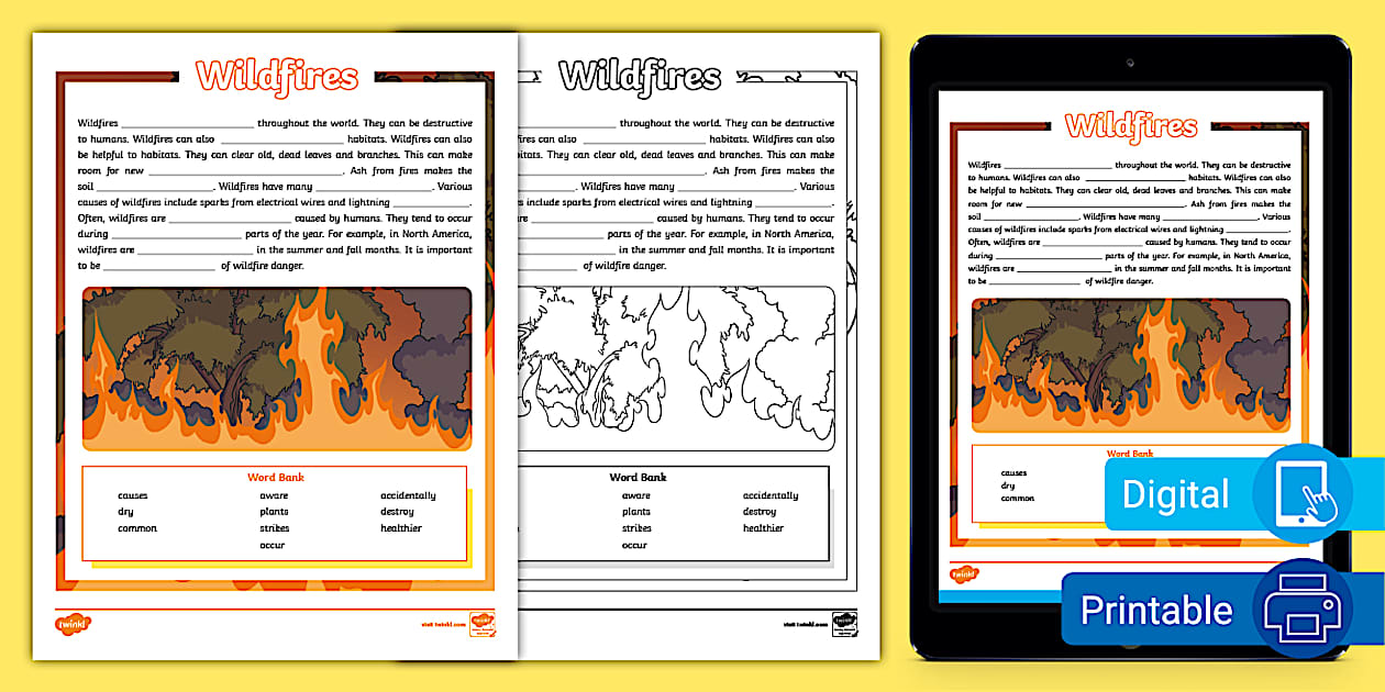 Third Grade Wildfires Cloze Reading Worksheet (teacher made)