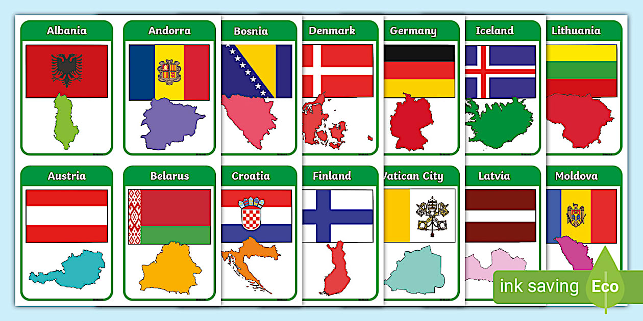 Editable European Country Shapes and Flags Flashcards