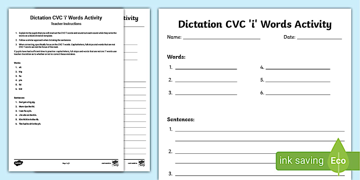 Dictation CVC 'i' Words Activity (teacher made) - Twinkl