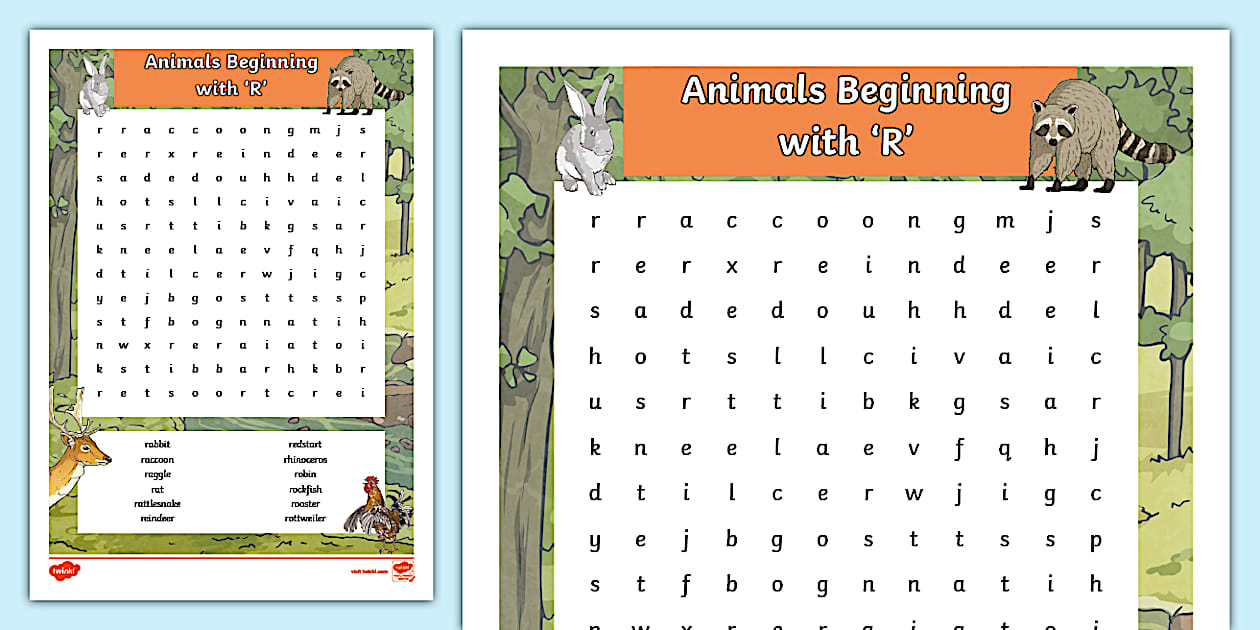 Animals Beginning with Letter 'R' Word Search (teacher made)