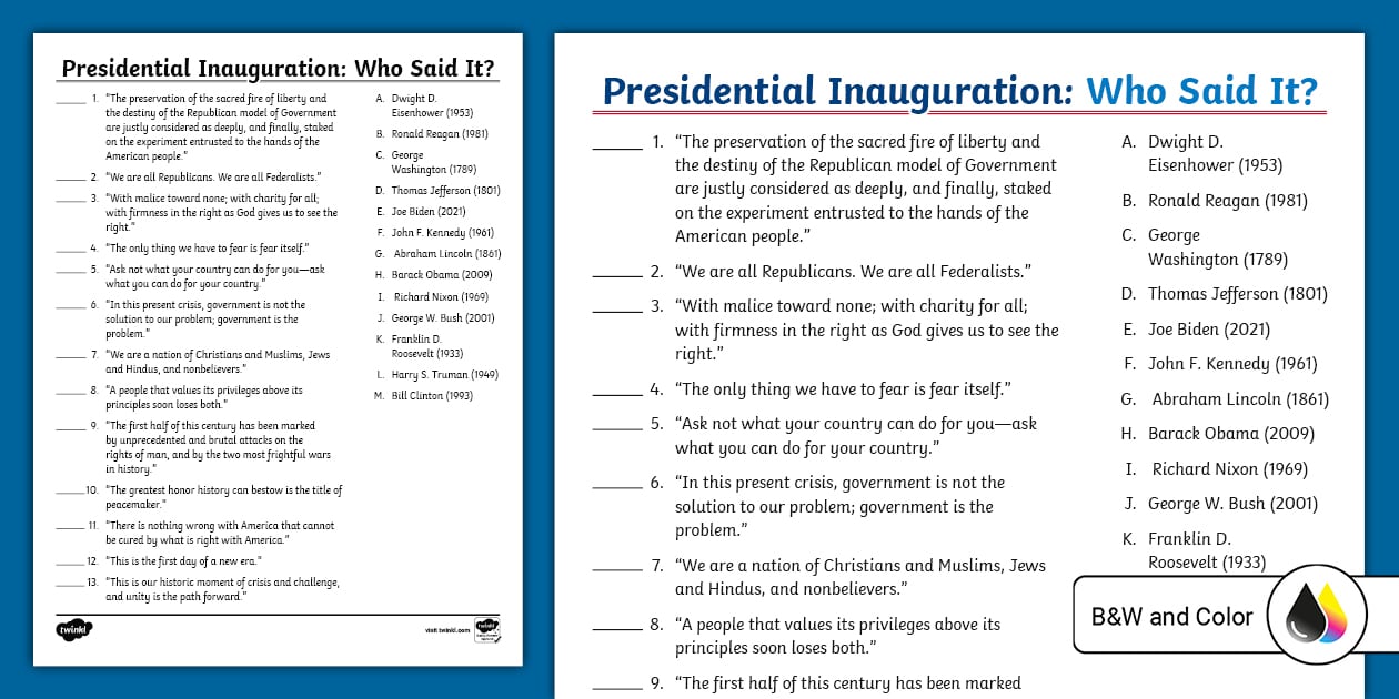 Presidential Inauguration: Who Said It? Worksheet - Twinkl