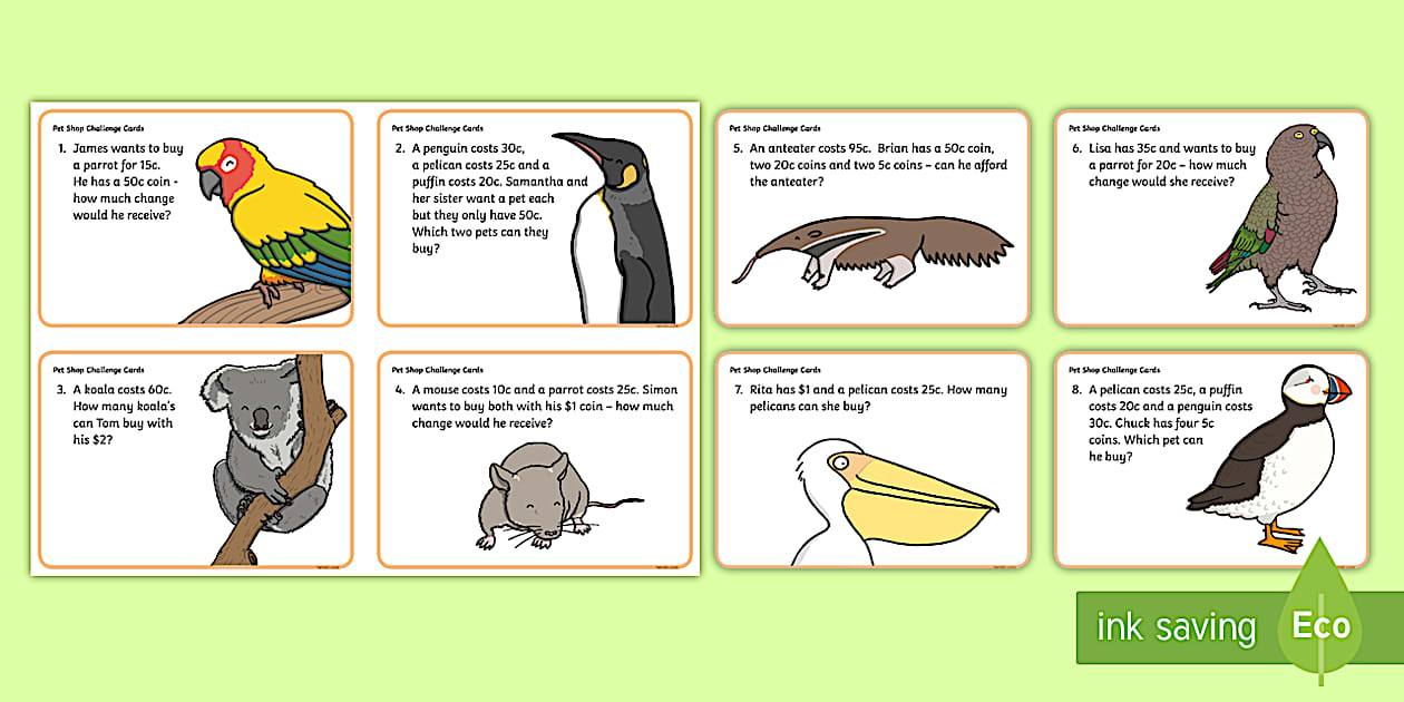 QLD Australia Pet Shop Themed Maths Problems Challenge Cards