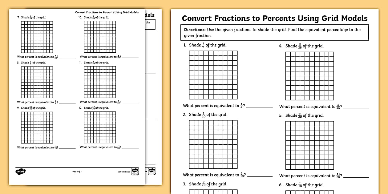 Sixth Grade Convert Fractions to Percents Using Grid Models Worksheet