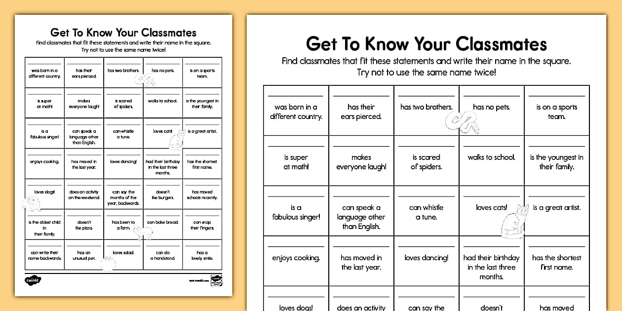 Get To Know Your Classmates Worksheet for K-2nd Grade