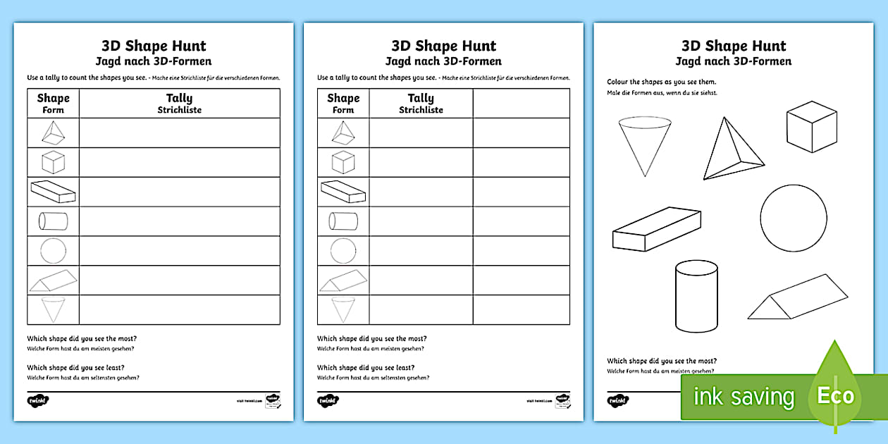 3D Shape Hunt Worksheet / Worksheet English/German - Twinkl