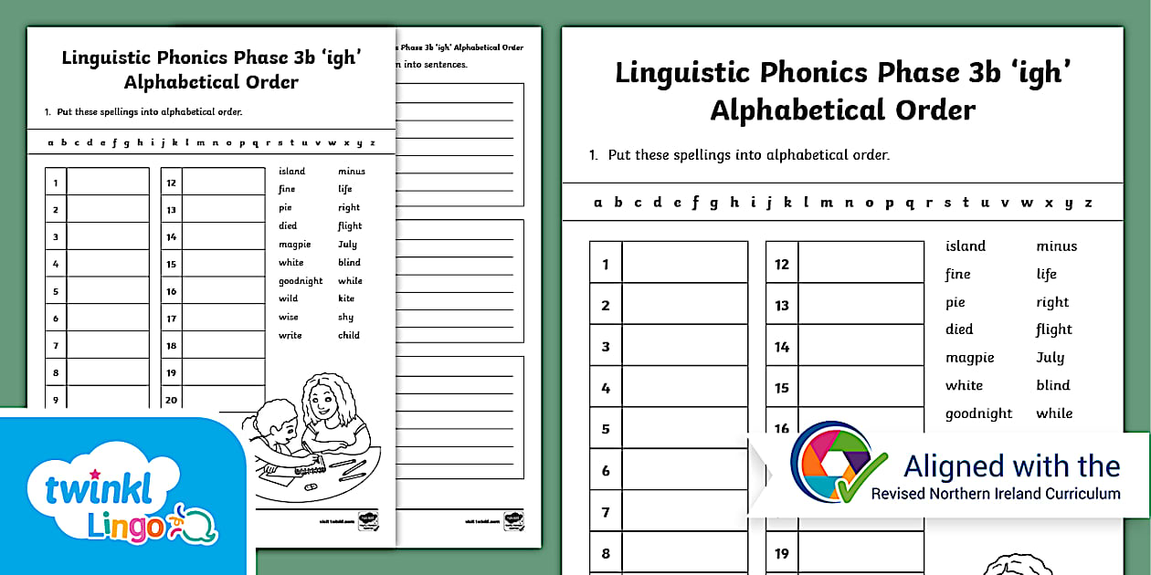 Linguistic Phonics Phase 3b 'igh' Alphabetical Order