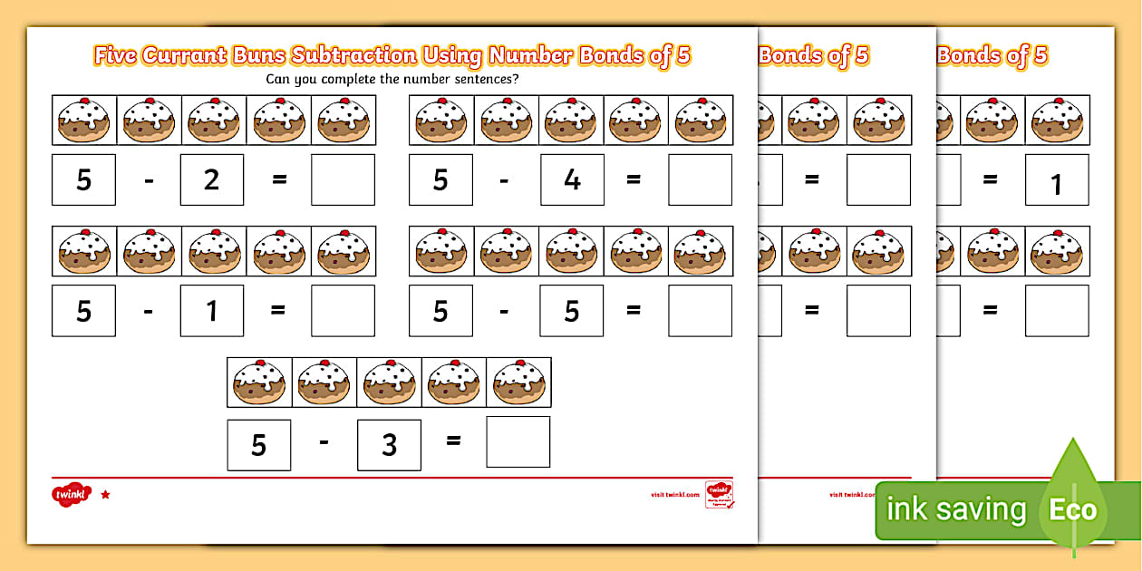 👉 Five Currant Buns Subtraction Using Number Bonds of 5 Activity