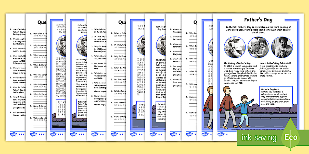 Father's Day Differentiated Reading Comprehension Activity English/Mandarin