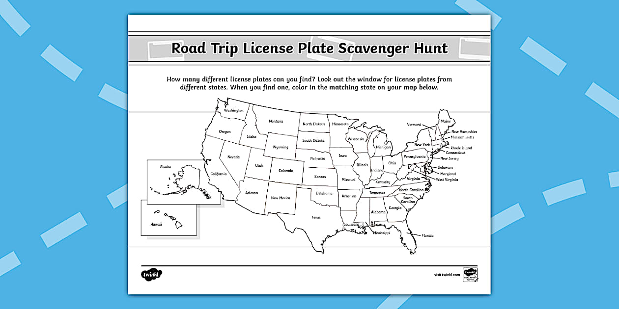 Road Trip License Plate Scavenger Hunt Map - Twinkl