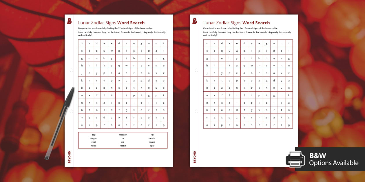 Lunar Zodiac Signs Word Search | Lunar New Year | Beyond