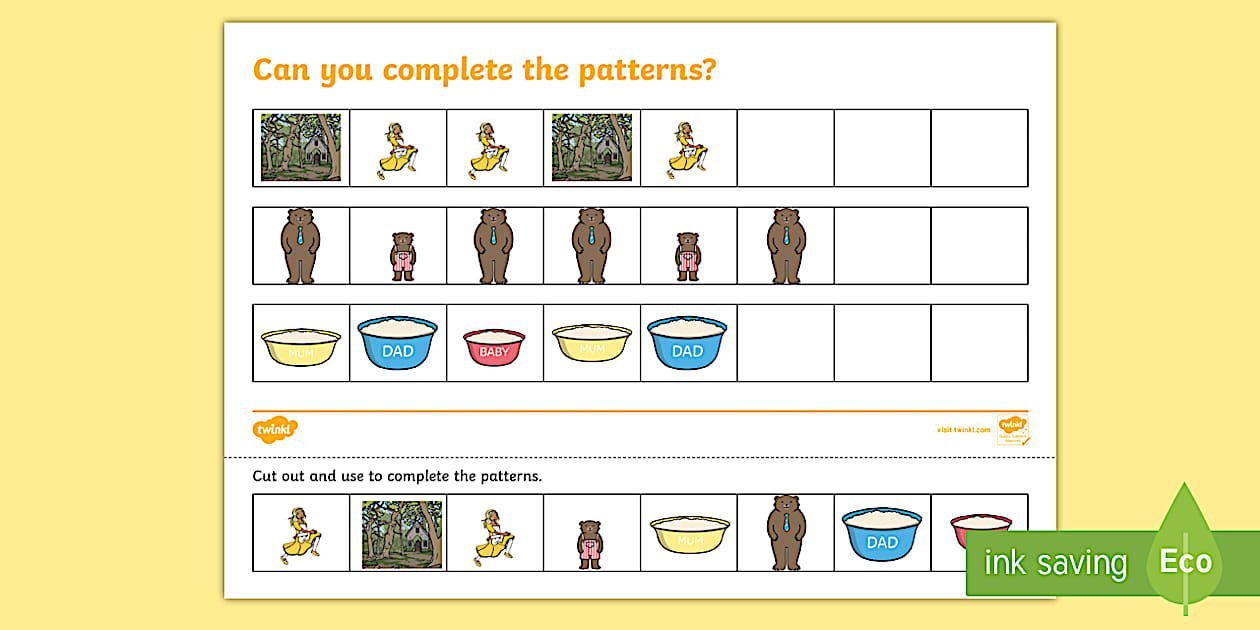 Goldilocks and the Three Bears Pattern Worksheet - Twinkl