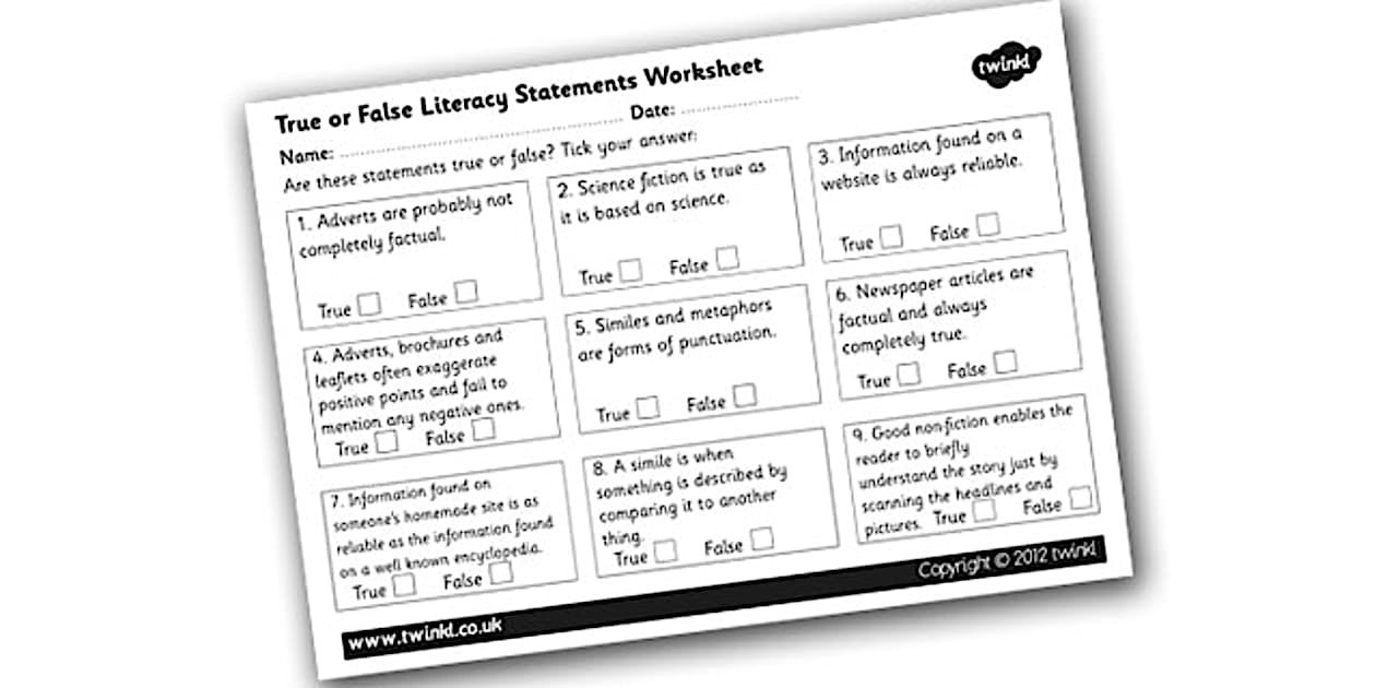 True or false questions | Literacy worksheet | Twinkl