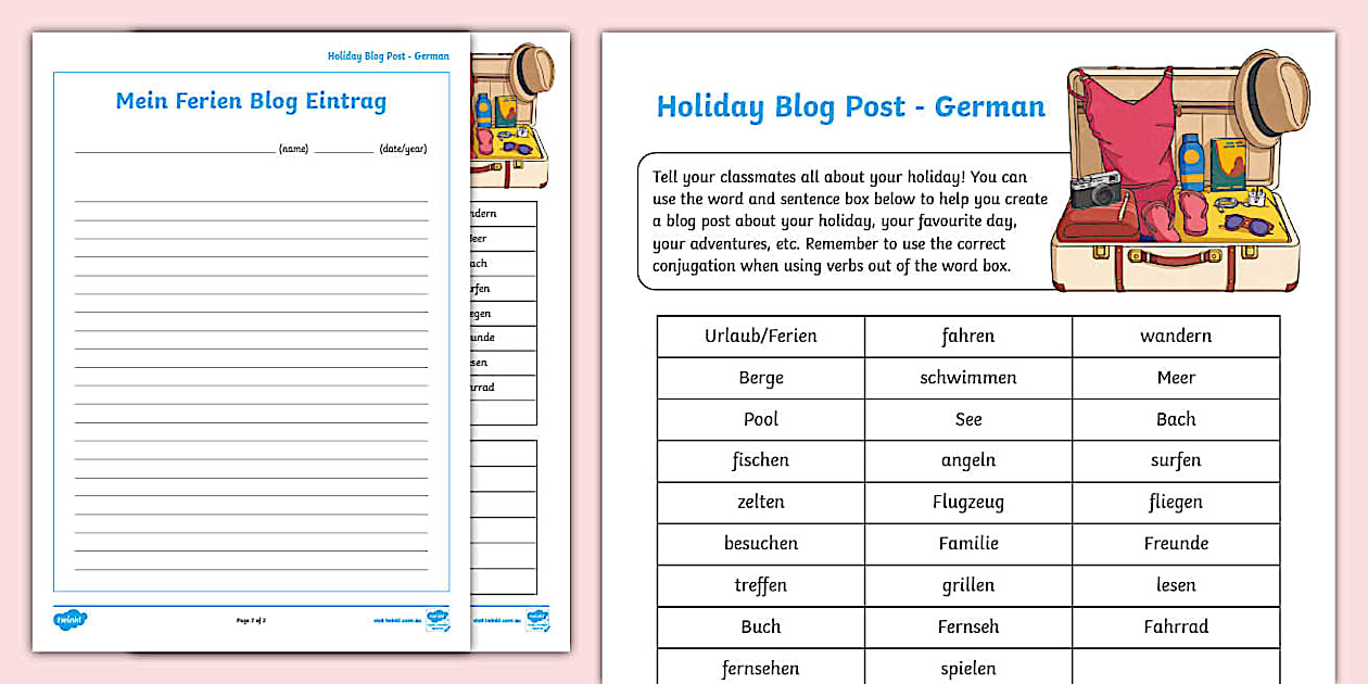 Holiday Blog Post - German Writing Activity Sheet - Twinkl