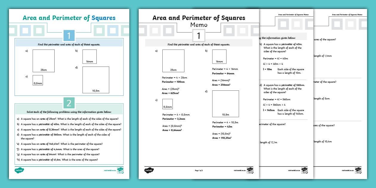 Area and Perimeter of Squares Activity Sheet