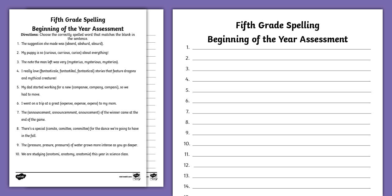 Fifth Grade Beginning of the Year ELA Spelling Assessment