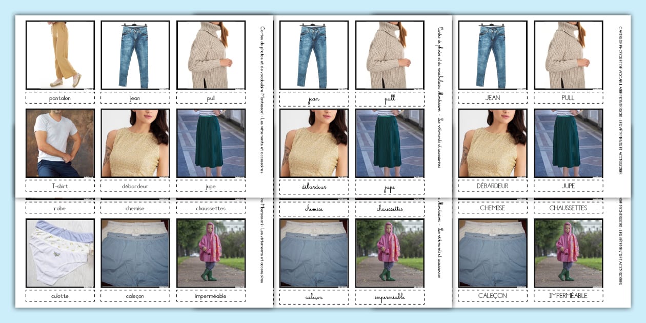 Cartes de photos et de vocabulaire Montessori - vêtements et accessoires