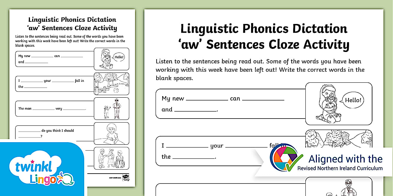 Linguistic Phonics Phase 2 'aw' Dictation Sentences Cloze Activity Sheet